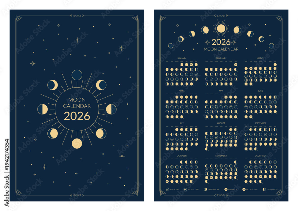 Design template for the full cycle of moon phases for 2026, moonlight ...