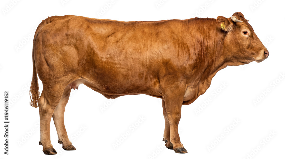 Full body profile of a brown Limousin cow standing, showing its ear tag ...