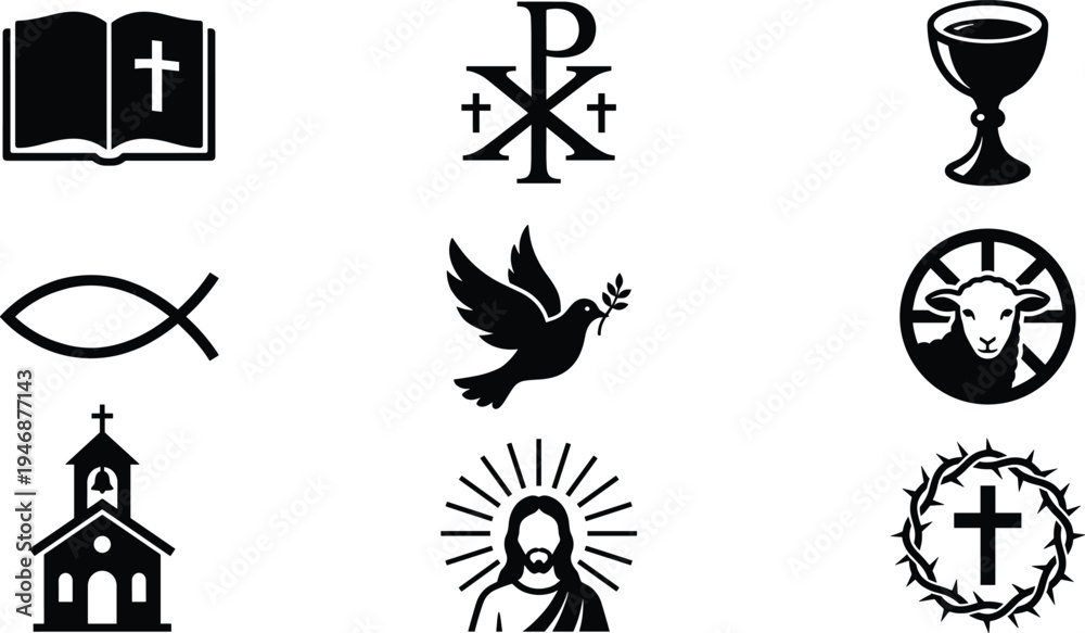 Christian Religious Icons Set Featuring Holy Bible Jesus Christ Ichthys ...