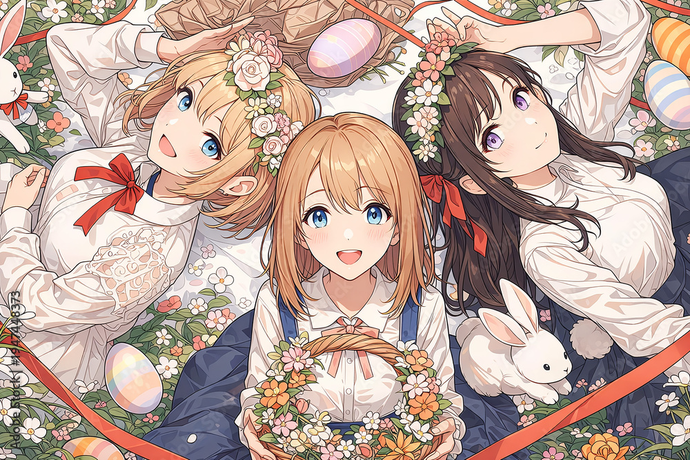 English: Three cheerful girls with flower crowns lying in a spring ...