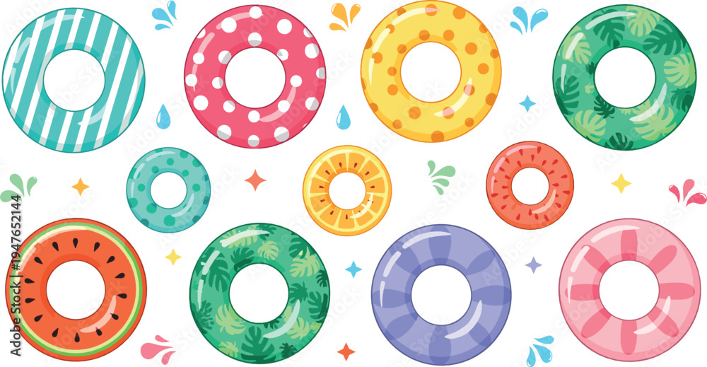 Colorful Pool Float Rings Vector Collection with Tropical Patterns ...