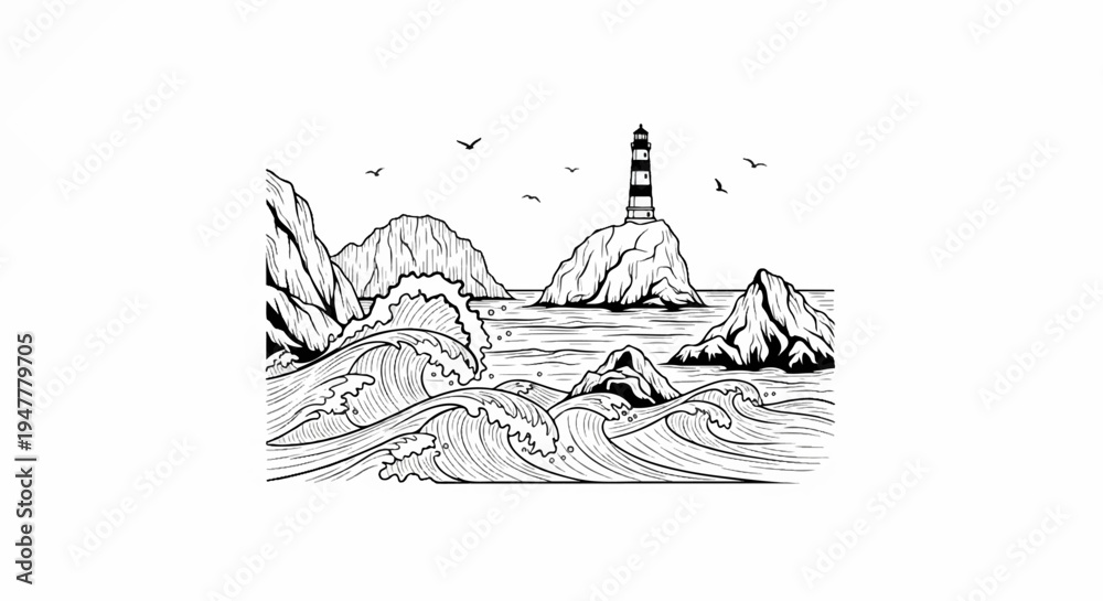 Towering waves crash near a lighthouse on a rocky shore with circling ...