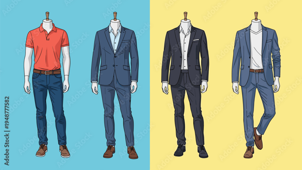 Four headless mannequins display various men's outfits including a red ...
