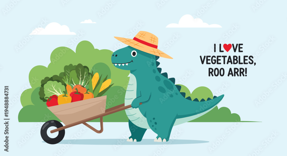 Friendly green dinosaur wearing a straw hat and pushing a wooden ...