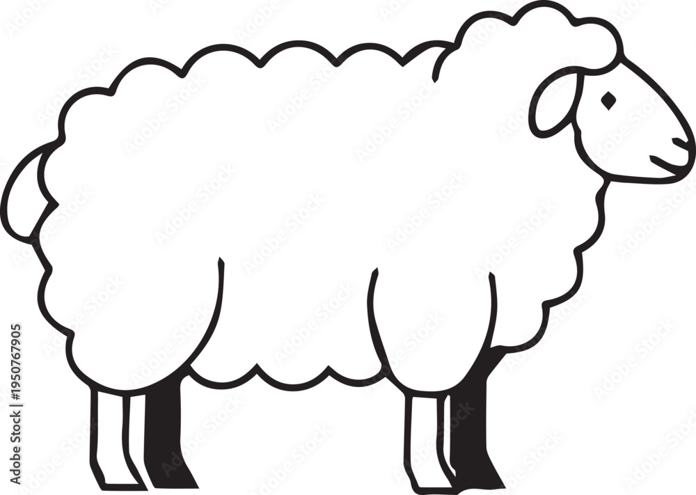 Cute line art illustration of a sheep facing right, simple black and ...