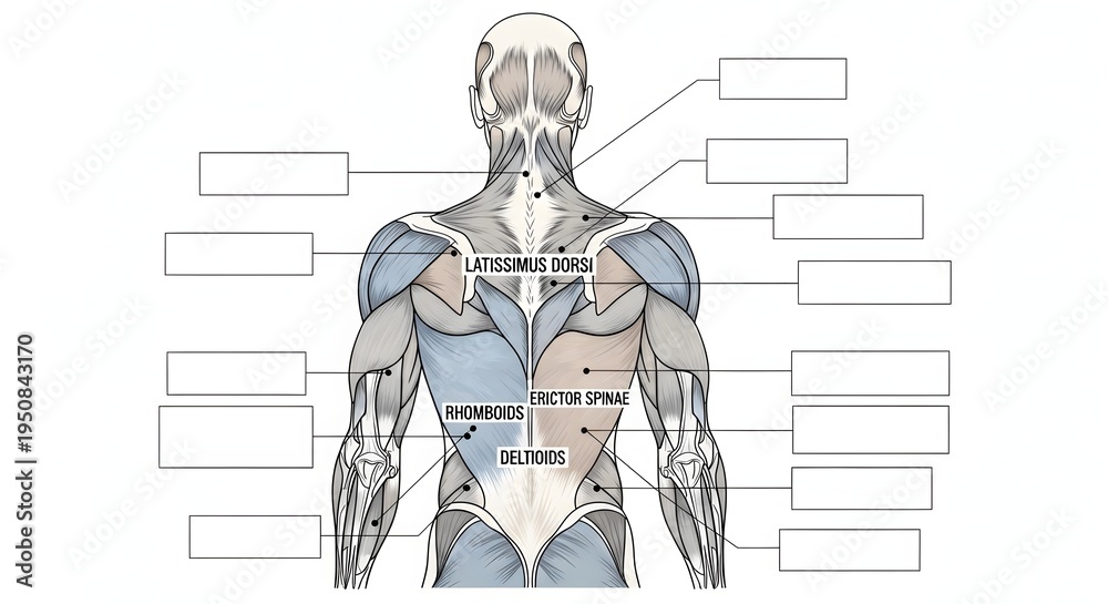 Photo Stock Back muscles anatomy diagram with labeled muscle groups ...