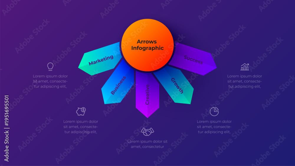 5 step radial arrow infographic diagram with central circular hub and ...