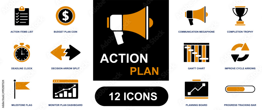 Action plan icon set. Containing checklist, budget coin, megaphone ...