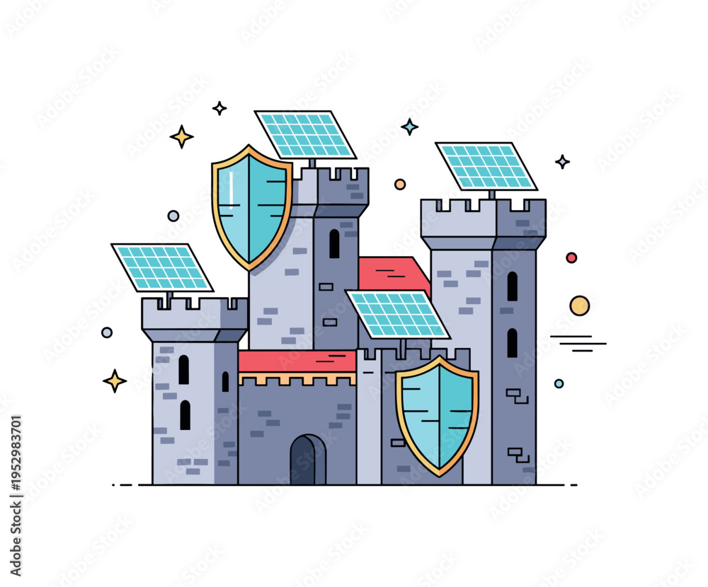 Reimagined medieval castle with energy shields and sleek solar panels ...