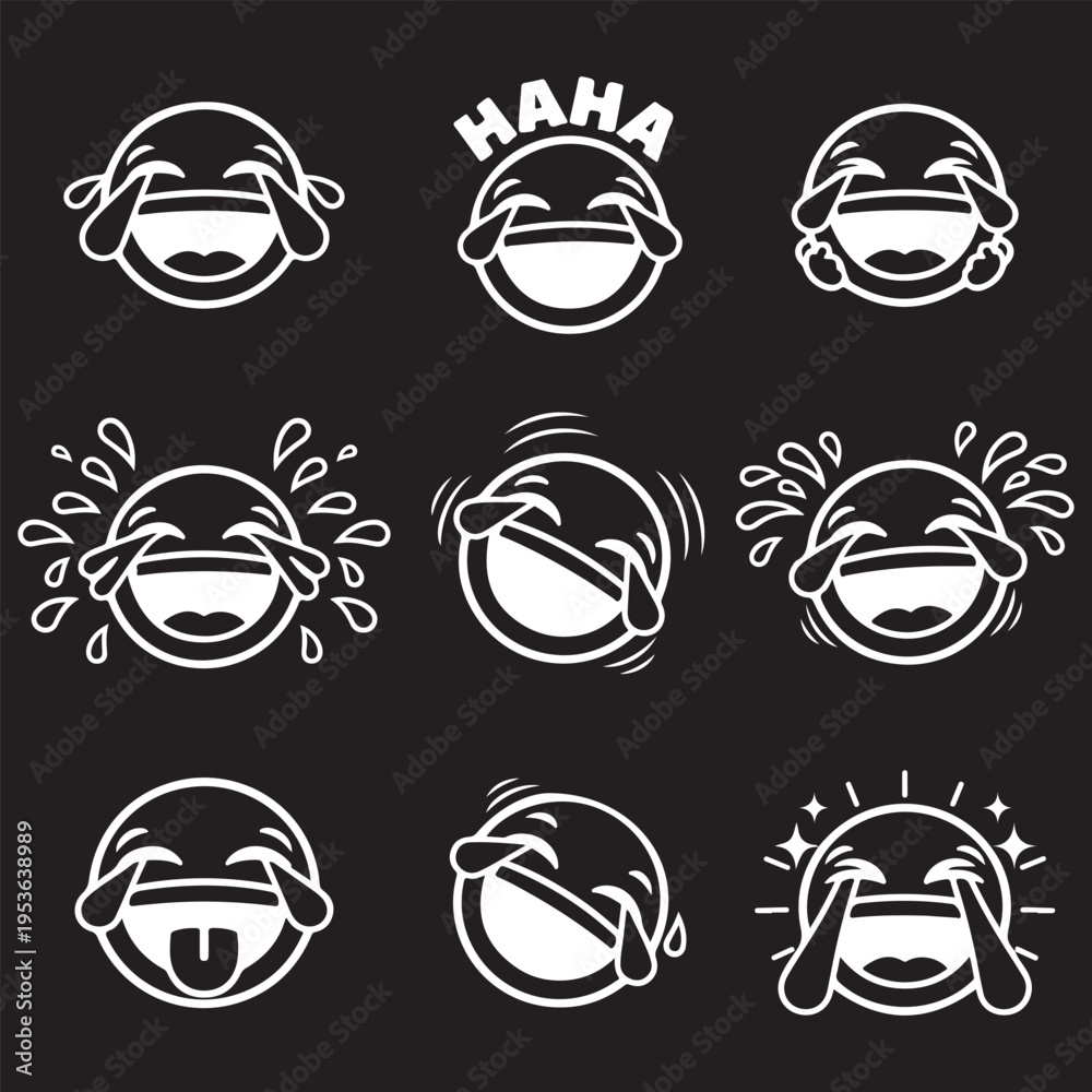 Set of 9 Intense Laughing Emoji Icons, White Crying with Joy Emoticons ...