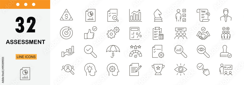 Vector de Stock Assessment icons set representing evaluation, testing ...