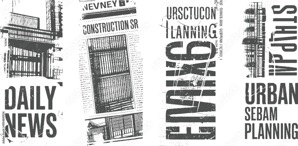 Four panels of dark grey distressed typography and architectural on ...