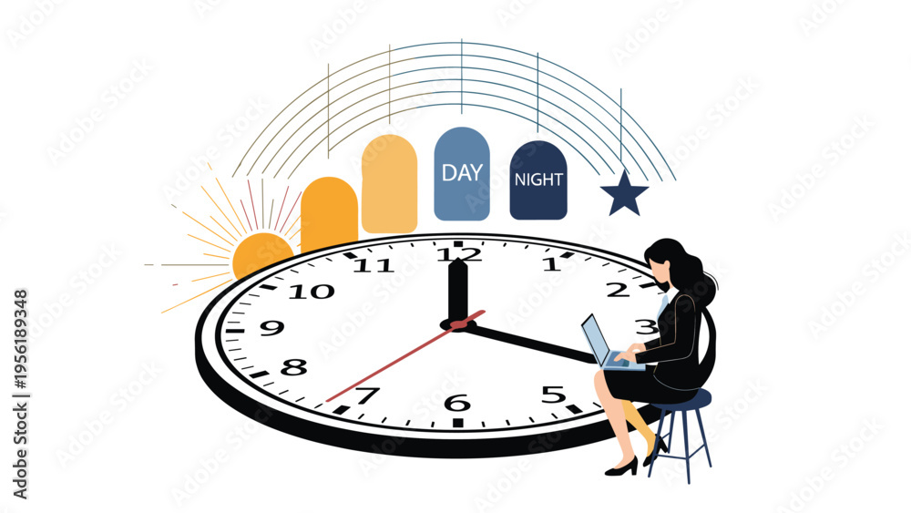 Vetor Hardworking woman sits on a giant clock with a laptop managing ...