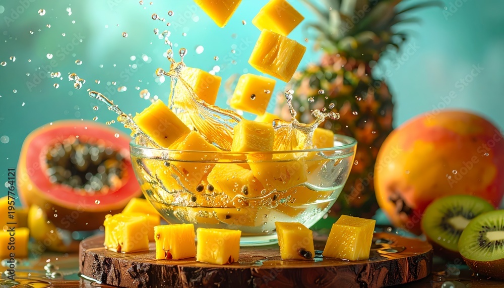 Refreshing tropical fruit splash with pineapple chunks, mango cubes ...