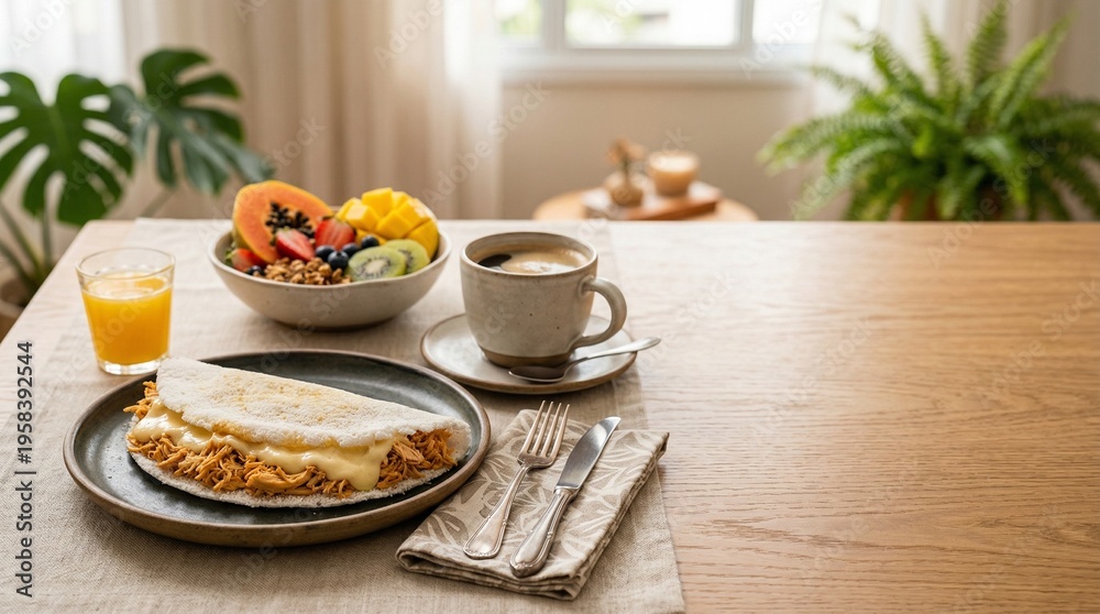 Tapioca brasileira recheada com frango e catupiry em mesa completa de ...