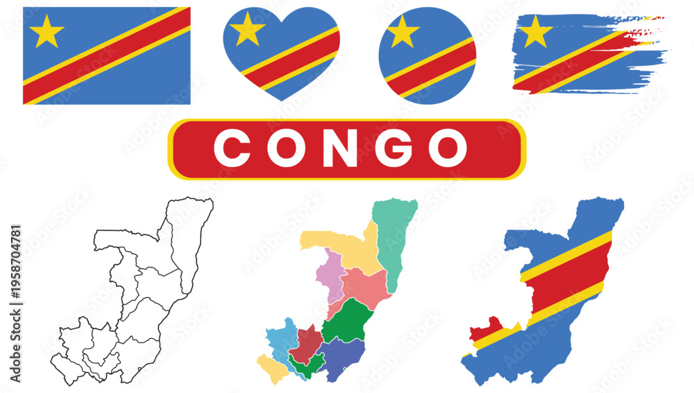 Democratic republic of congo flags map and national colors in a graphic ...