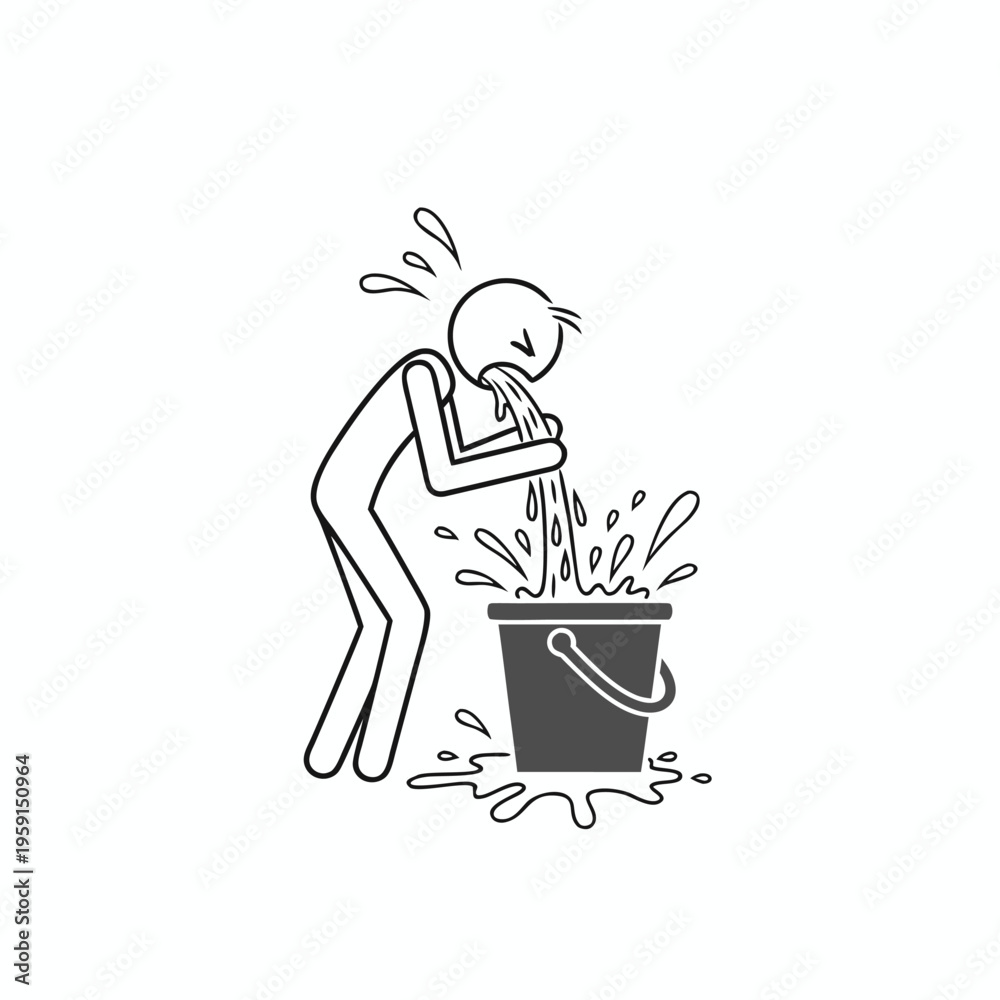 Outlined stick figure vomiting into a bucket representing severe nausea ...