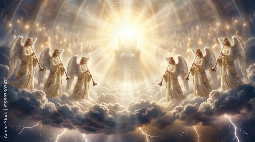 Angels playing trumpets around the throne of Jesus Christ in heaven ...