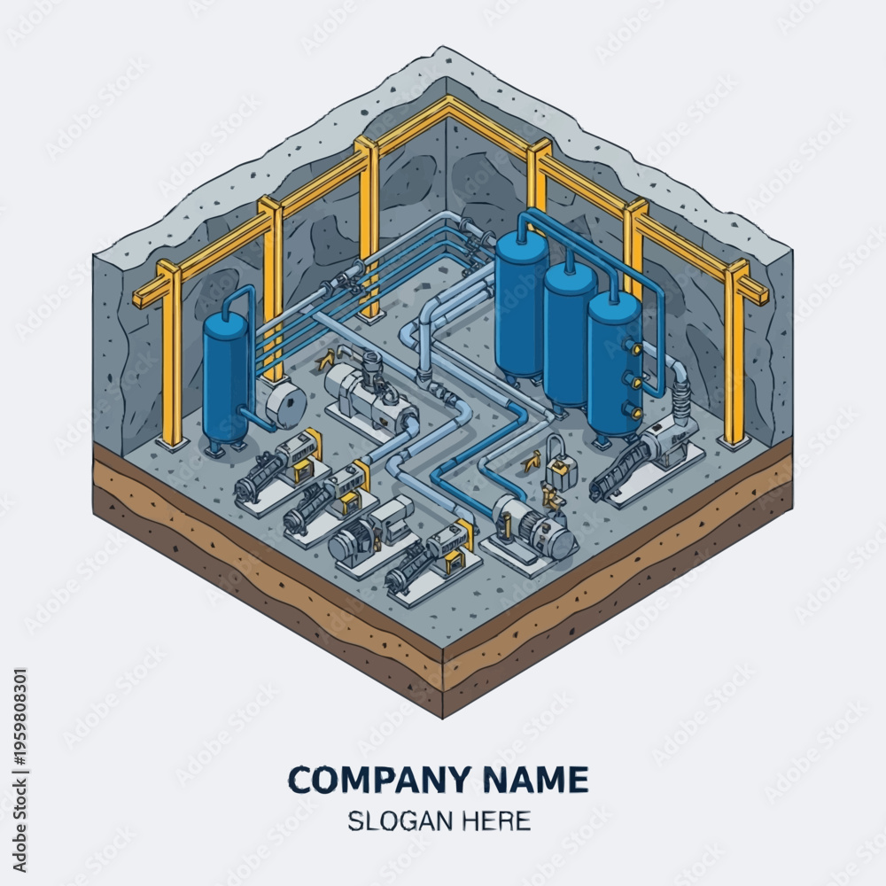 Isometric view of an industrial water pumping station with multiple ...