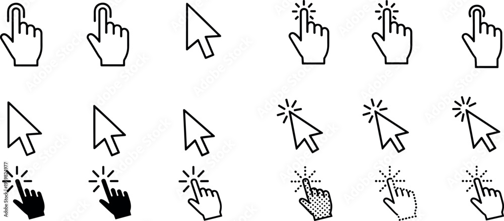 Mouse Cursor and Click Hand Icon Set with Pointer Arrows Tap Gesture ...