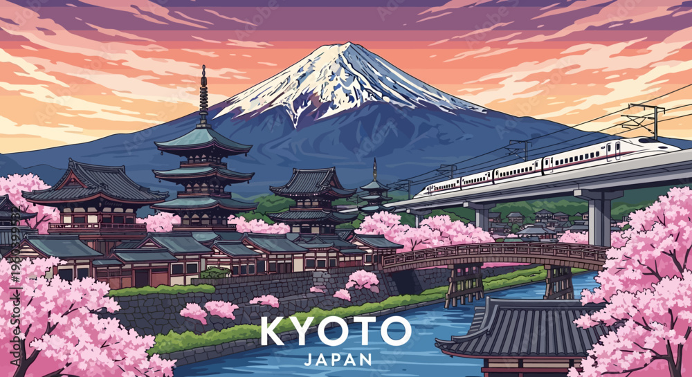 Pixel Art Kyoto: Mount Fuji, Cherry Blossoms, and Bullet Train の Stock ...