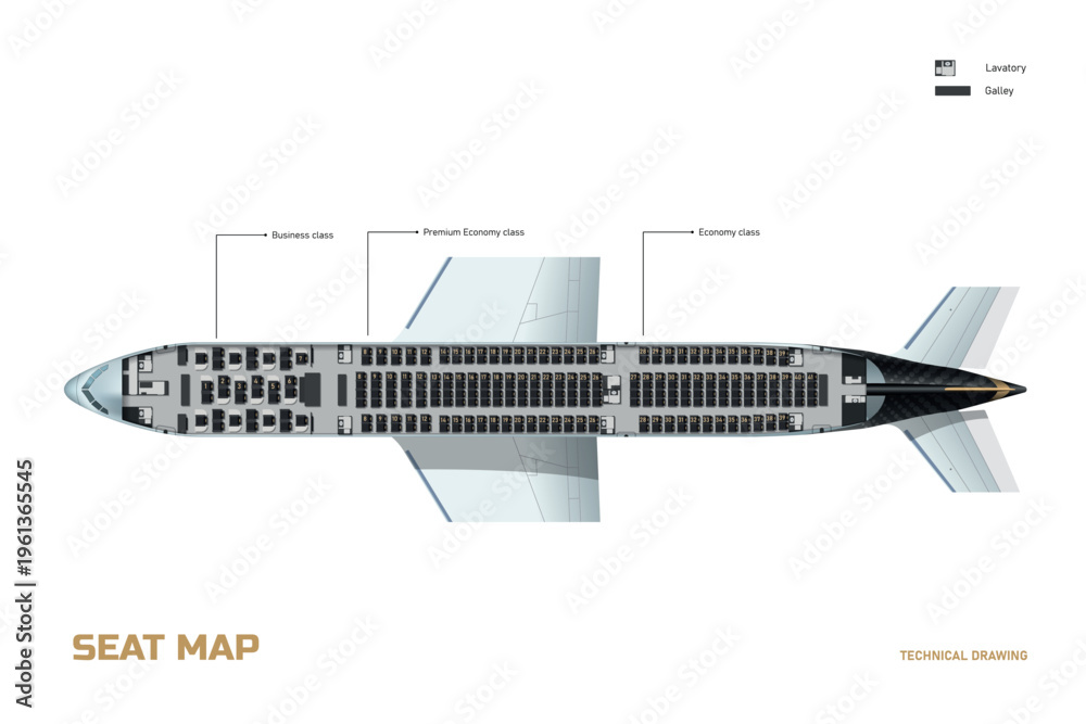 Passenger aircraft lopa diagram. Civil commercial aircraft seat map ...