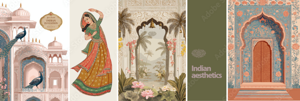 Indian aesthetic vector set with palace, peacocks and traditional ...