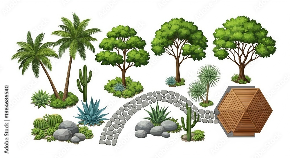 Tropical Desert Garden Elements Set with Palm Trees Cactus Stone Path ...