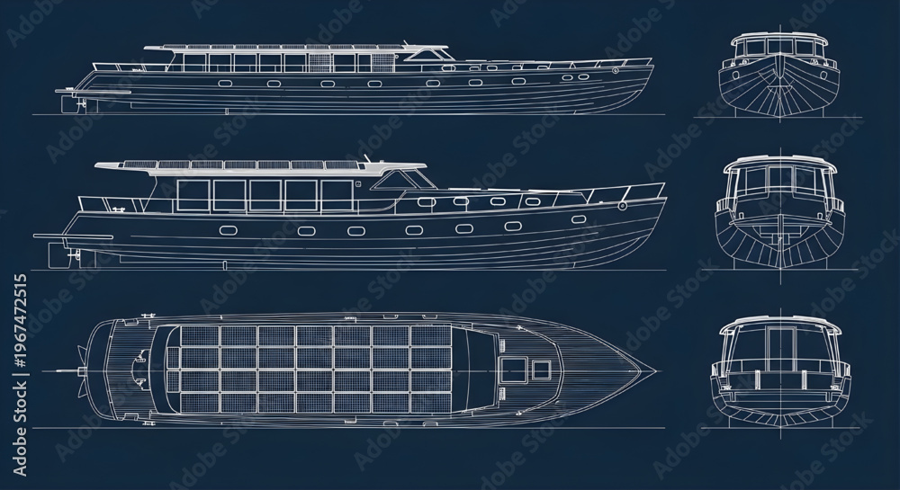 Solar Powered Long Boat AutoCAD Blueprint Vector – Marine Vessel Multi ...
