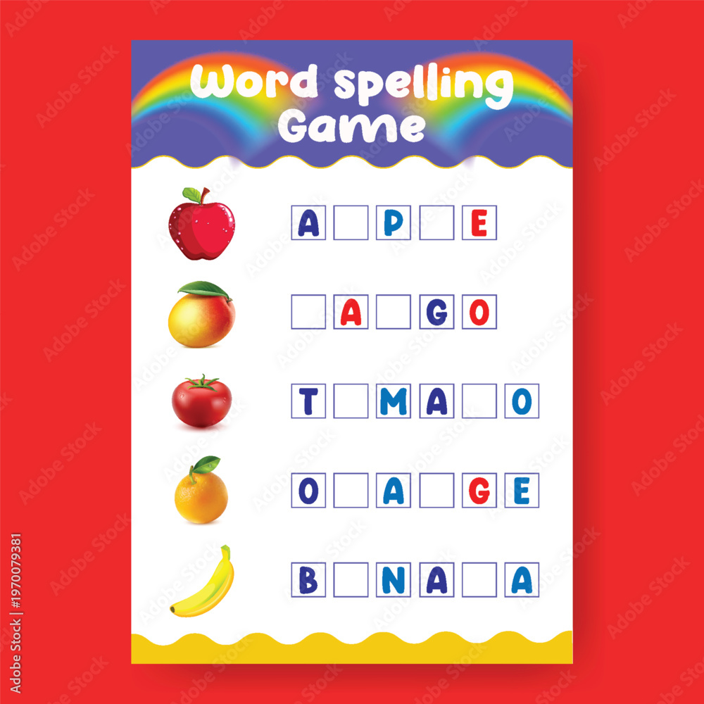 Word spelling game worksheet for kids learning fruit names, featuring ...