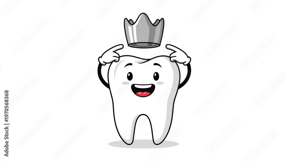 Cartoon character of a happy white healthy tooth wearing a shiny silver ...