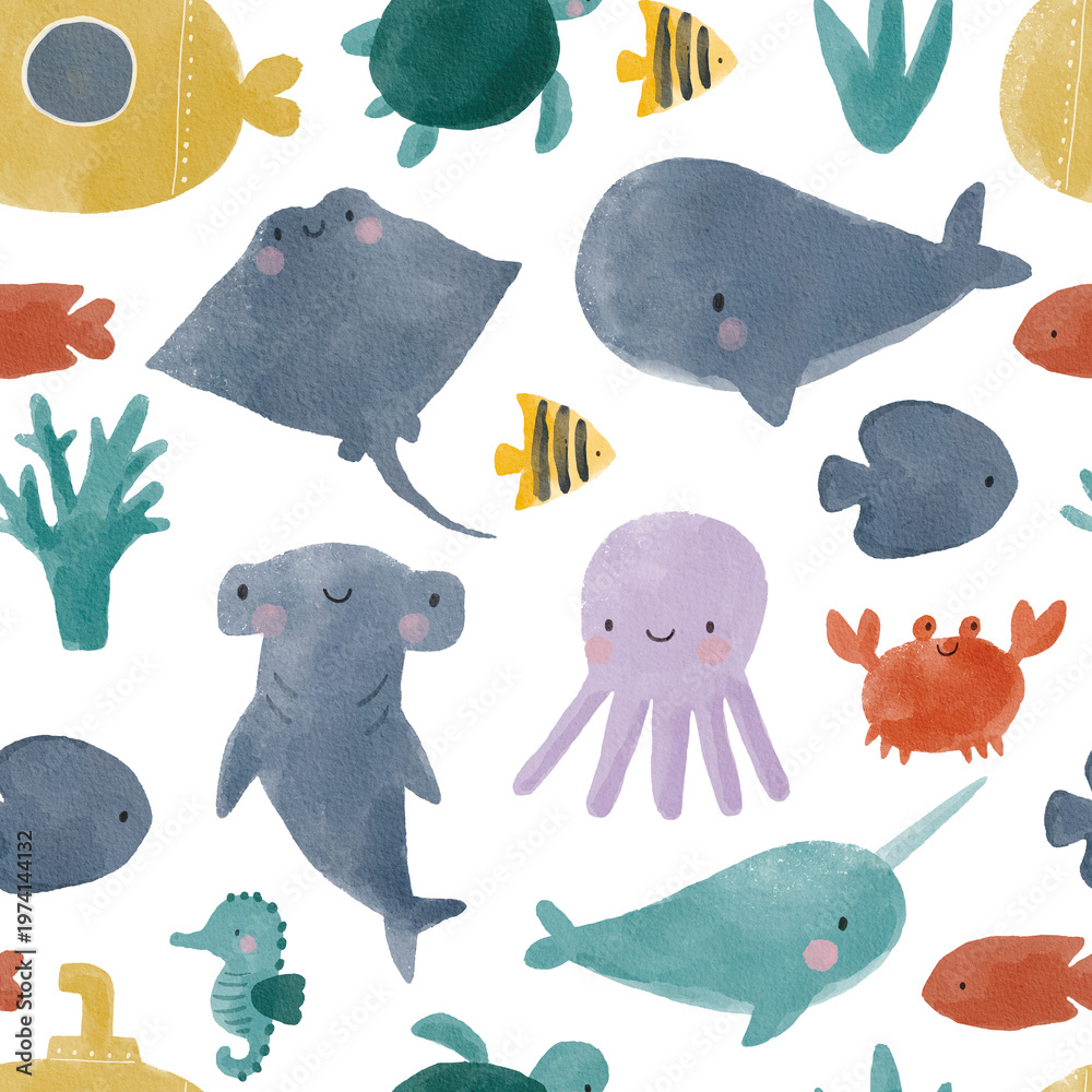 Watercolor fish and animals in the ocean. Undersea cute cartoon ...