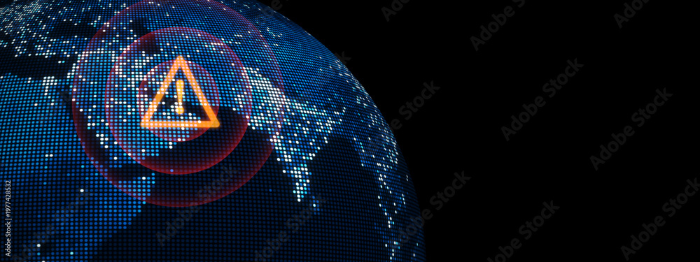 Geopolitical concept showing a global map with warning alert over a key ...