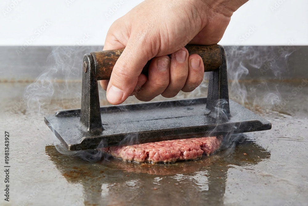 Hand holding a heavy cast iron grill press to smash a raw ground meat ...