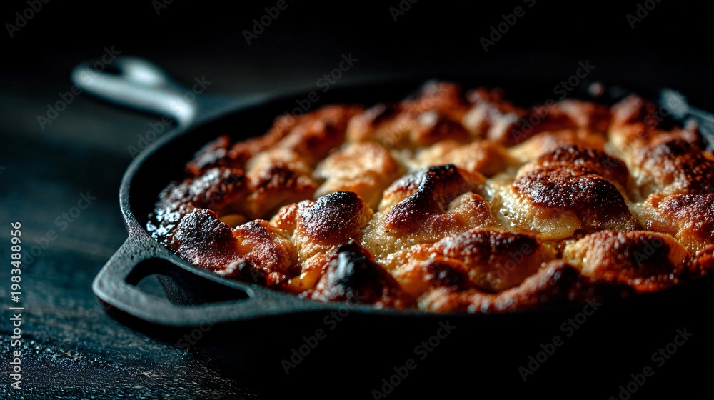 Apple cobbler baked in a cast iron skillet with caramelized edges, set ...