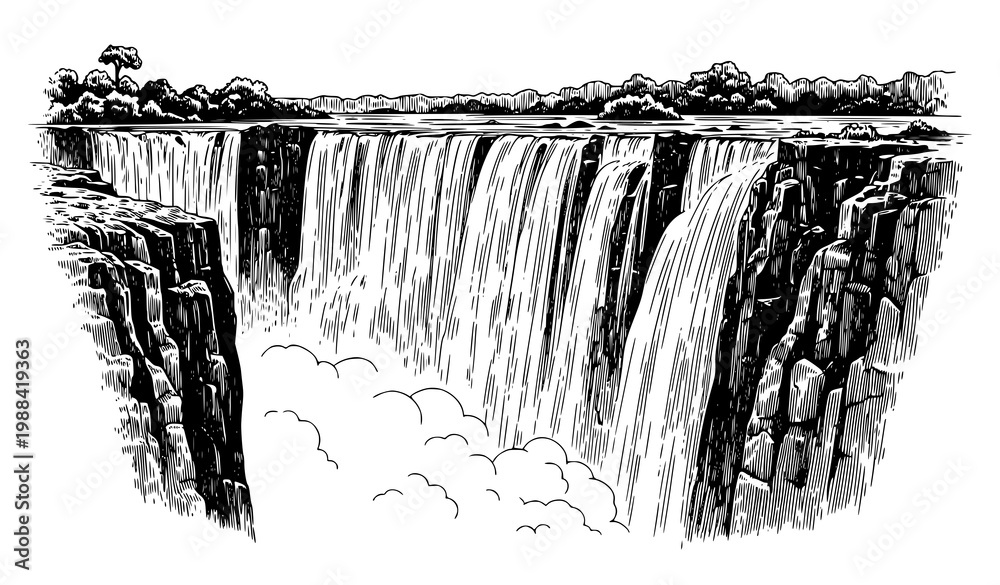 Vetor Victoria Falls Close Up Vintage Engraving Style Black and White ...