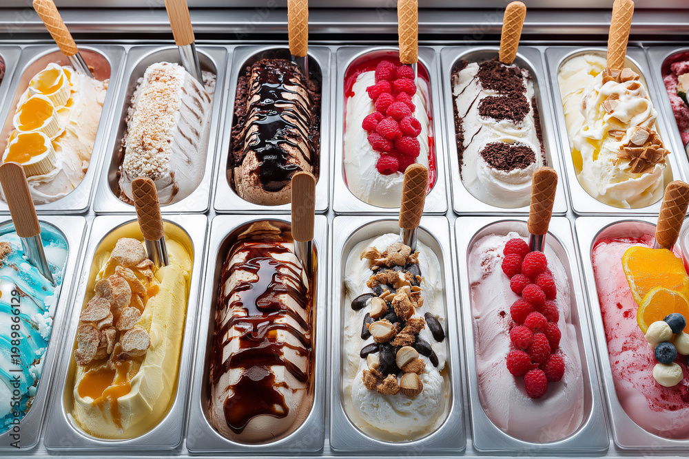Ice cream bar with multiple toppings and syrups, self-serve concept ...