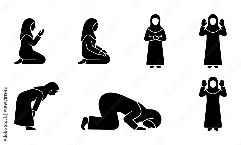 Muslim woman praying icons set, Islamic prayer positions and salat ...
