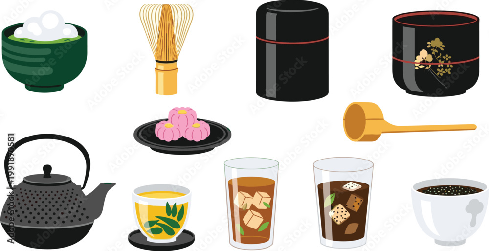 Japanese Tea Ceremony Icon Set Featuring Matcha Green Tea Bamboo Whisk ...