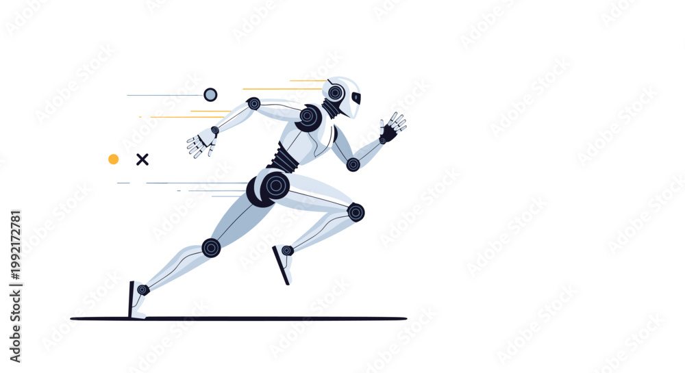 High speed robot runs across a white background with dynamic motion ...