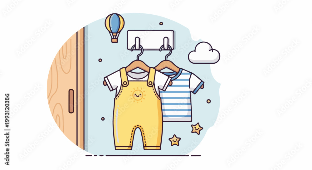 Cute cartoon clothing for a baby hangs on a hanger, with a sun and ...