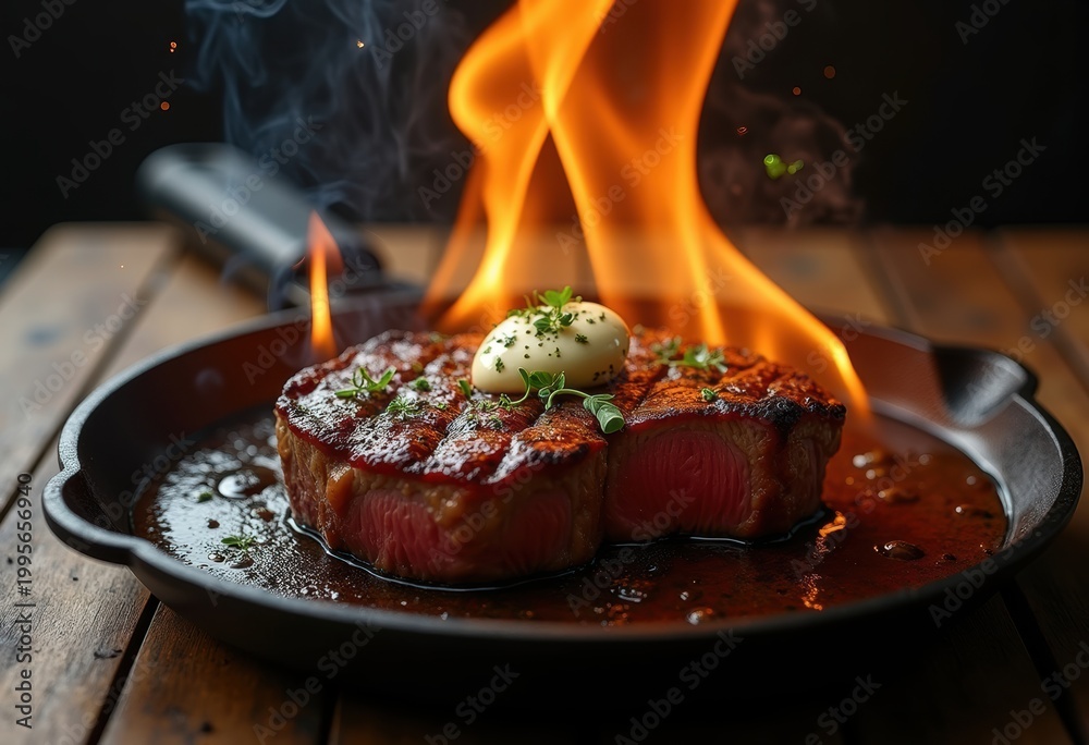 Exquisite Grilled Steak with Herb Butter atop Smoke-Charmed Cast Iron ...