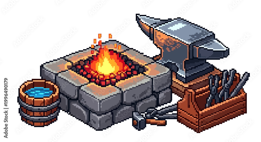 Pixel Art Blacksmith Forge with Anvil and Tools. の Stock ベクター | Adobe Stock