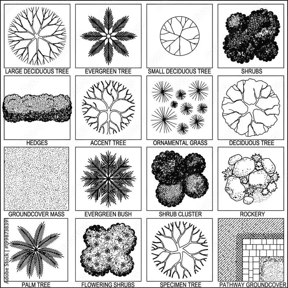 Landscape symbol mega set for CAD site plans, tree canopies, shrubs ...