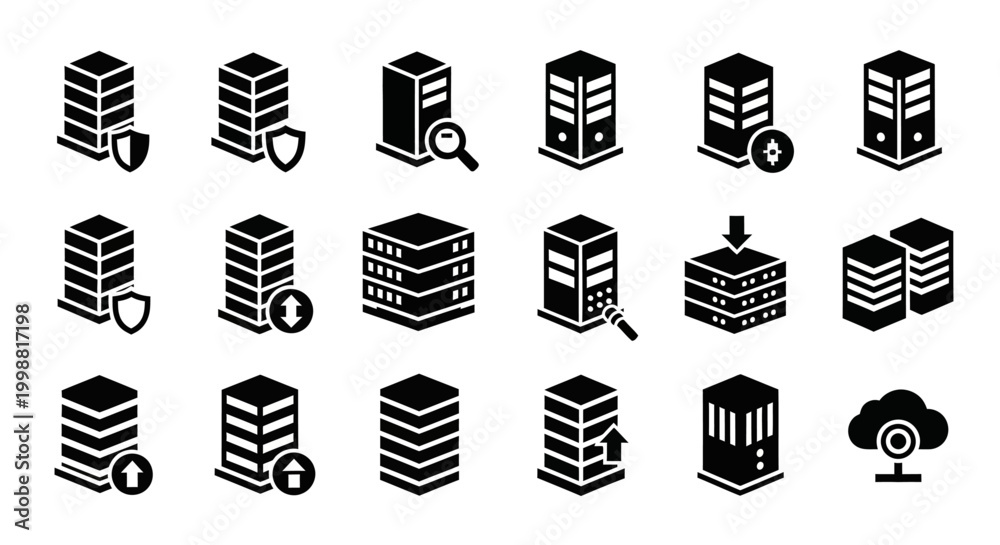 Server, database, and cloud storage icons, black vector set, 20 data ...