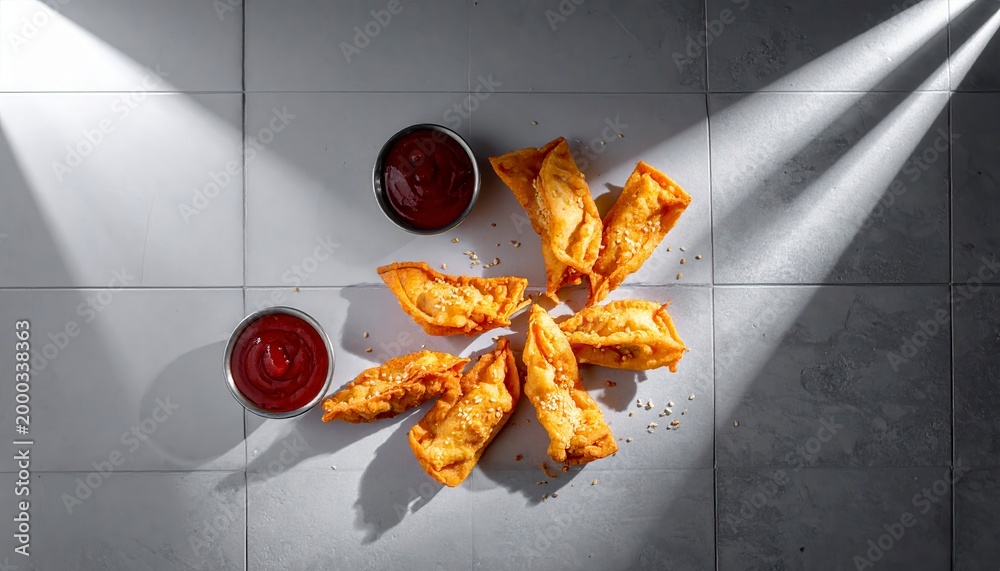 Golden brown crispy fried wontons arranged with dipping sauce ...