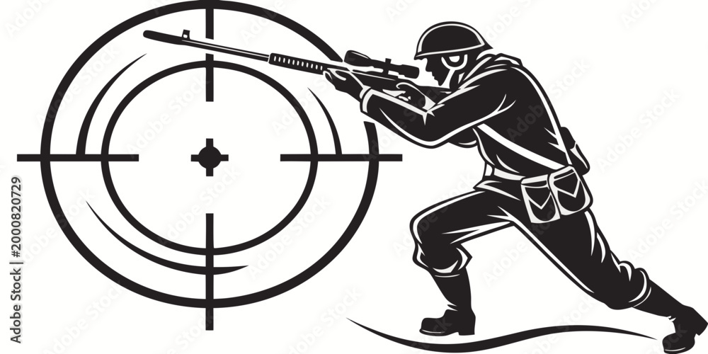 Sniper in combat pose aiming at a target crosshair graphic with ...