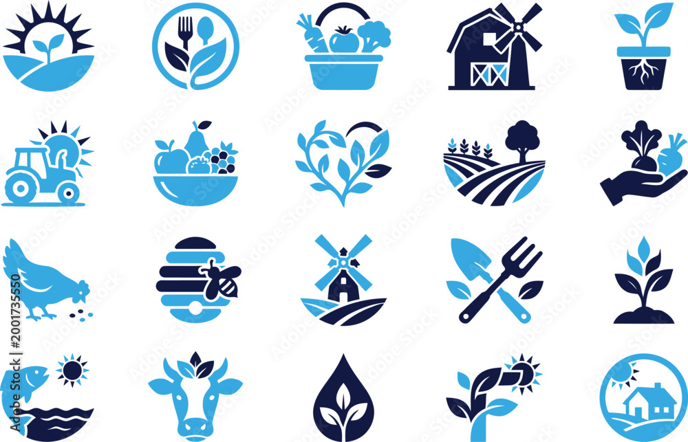 Collection of farm and agriculture icons healthy food plants and ...