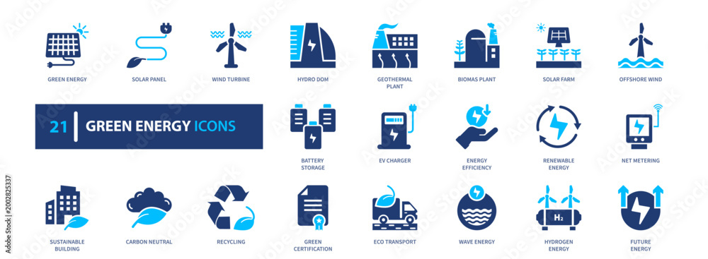 Green energy icon set. renewable, sustainability, power, environment ...