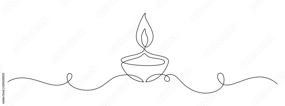 Continuous line art drawing of diwali diya lamp with beauty ornament ...